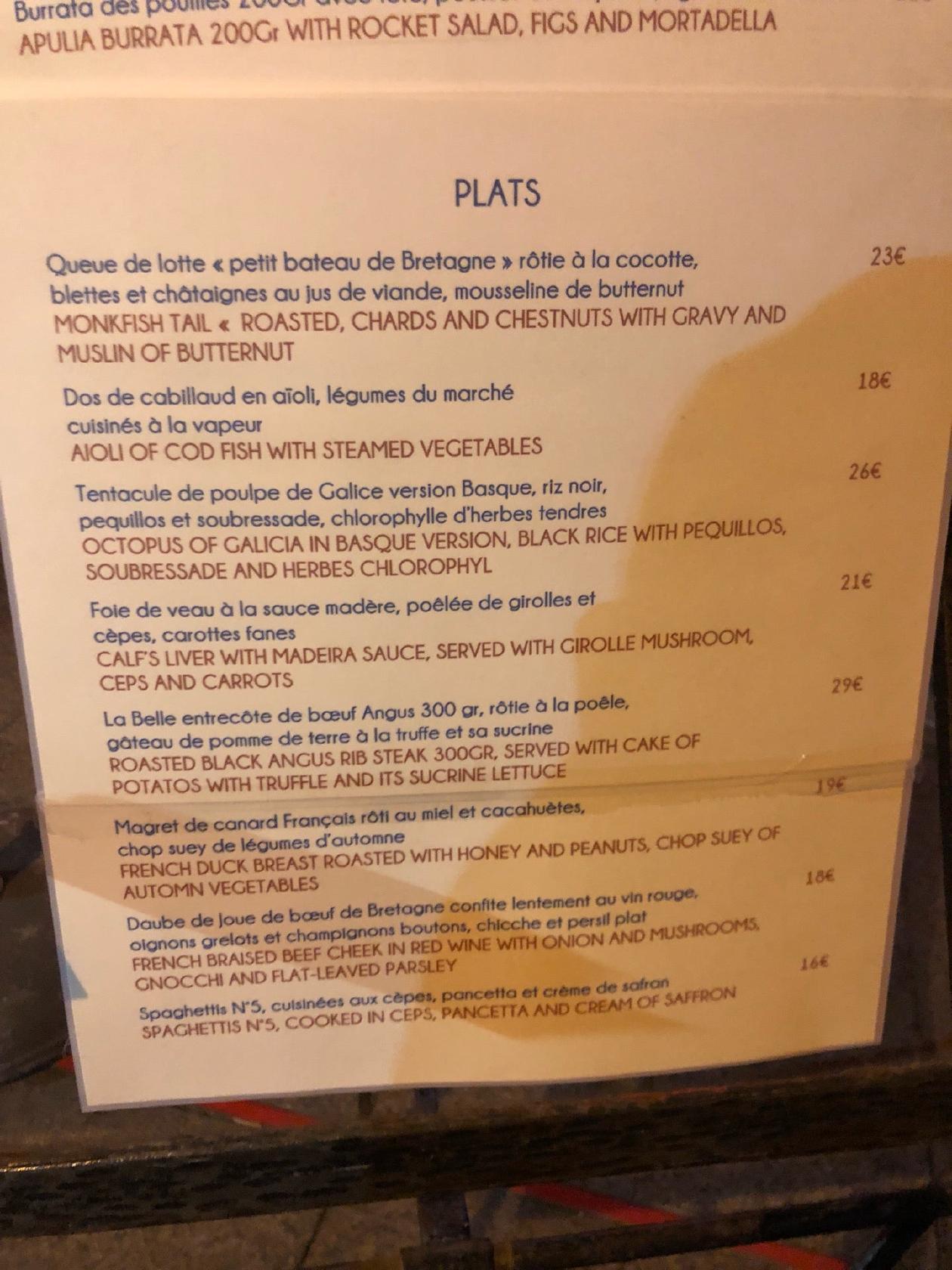Menu at Le Cirque cafe, Cannes