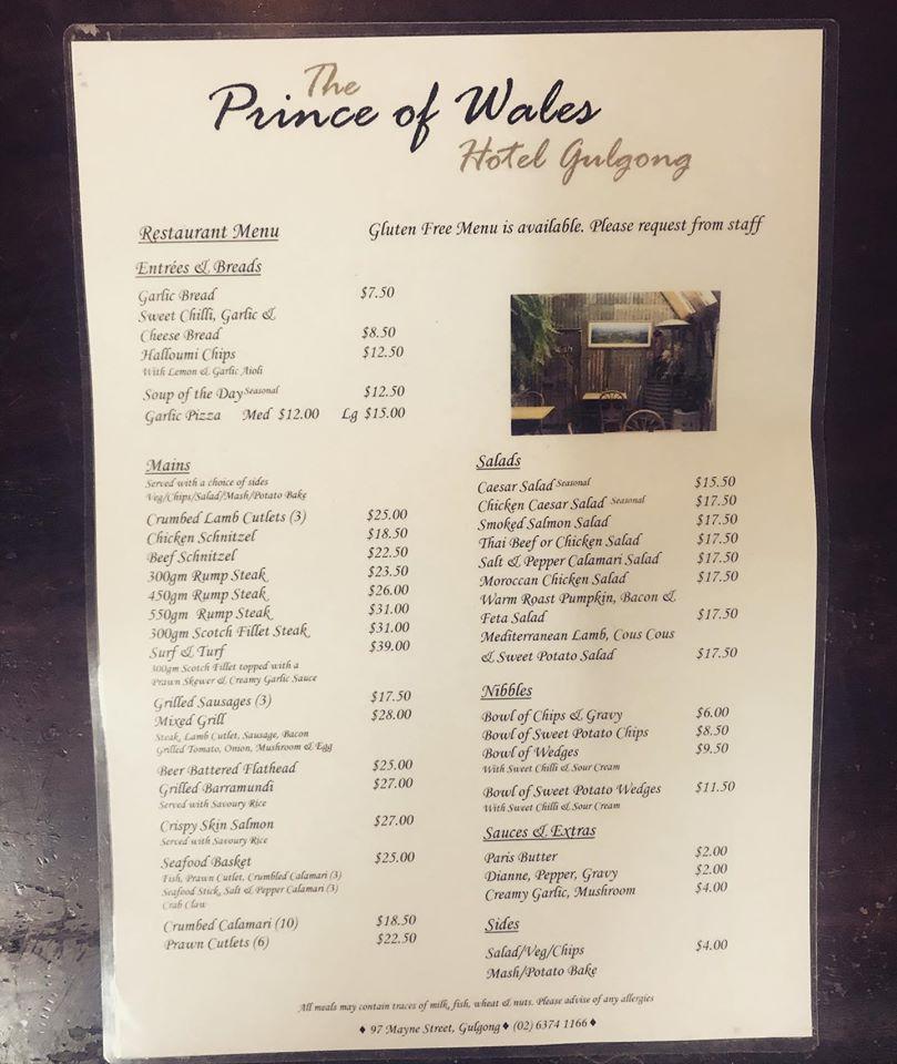 Menu at Prince Of Wales Hotel pub & bar, Gulgong