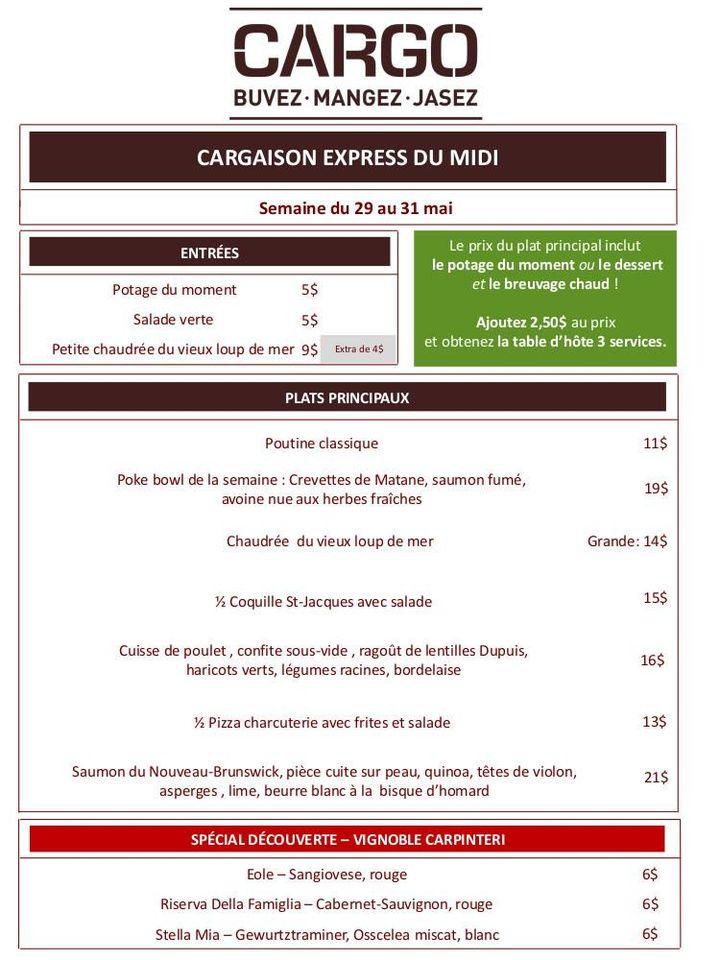 Menu au Restaurant Cargo, Matane