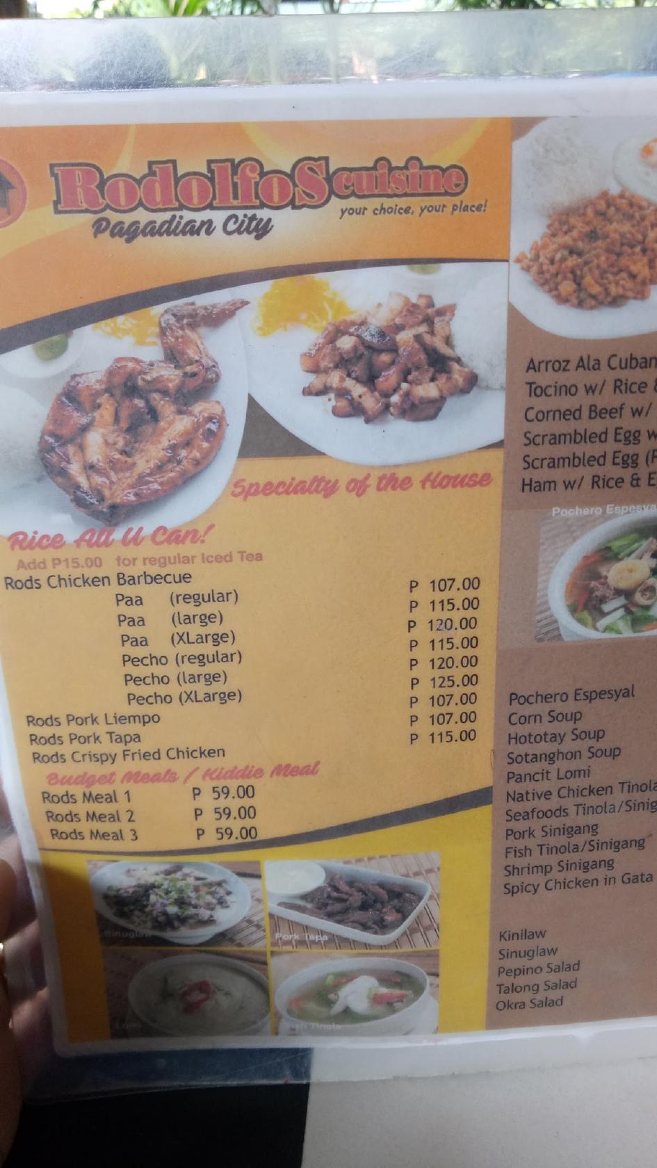 Menu at Rodolfo's Cuisine restaurant, Pagadian City