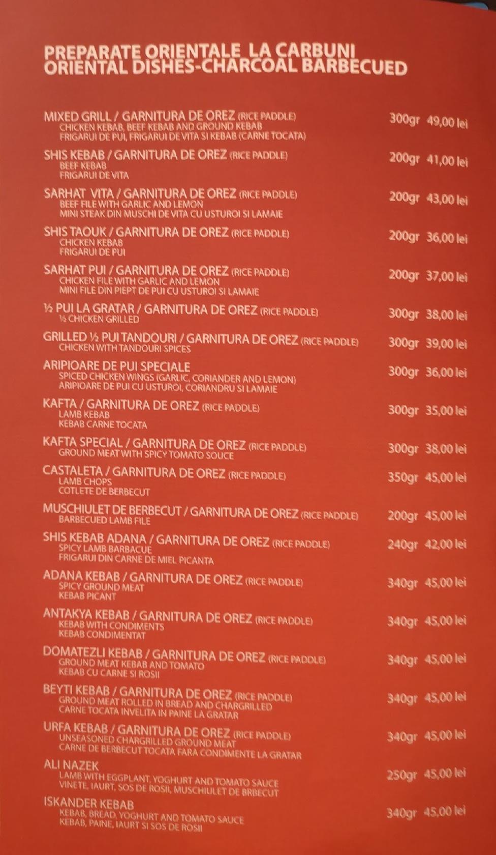 Menu at Sindbad, Bucharest