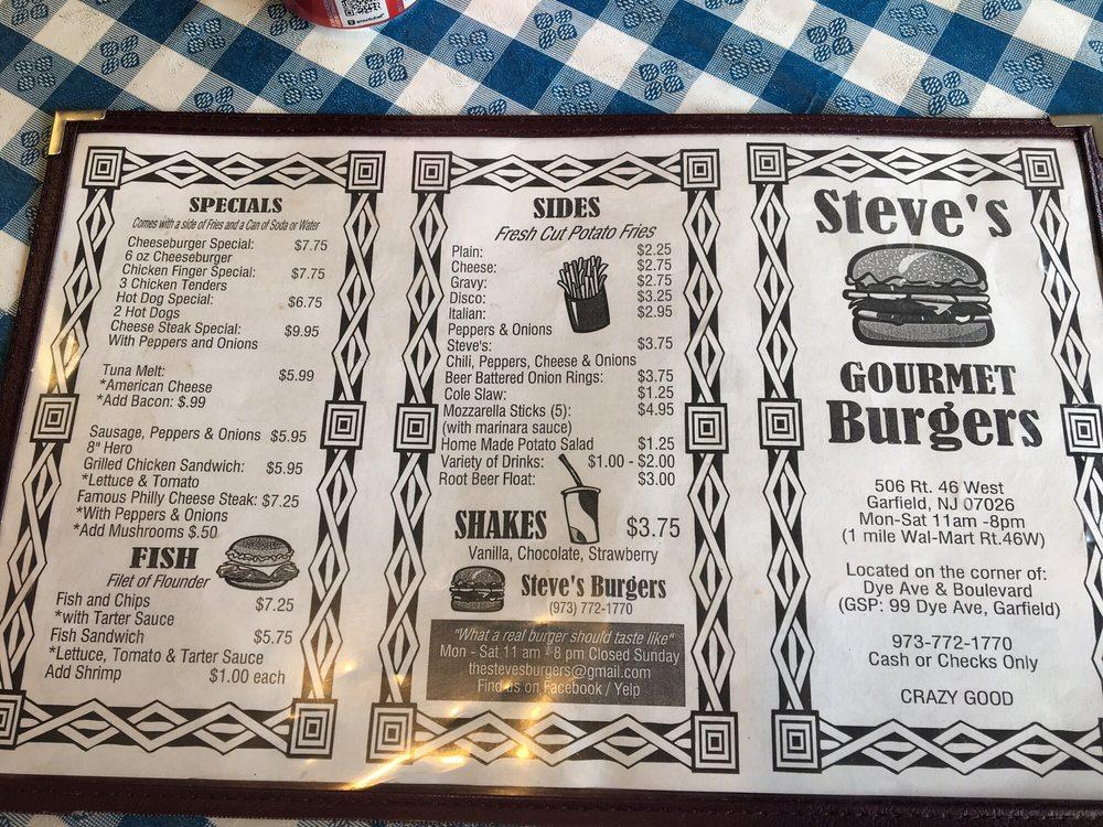 Menu at Steve's Burgers restaurant, Garfield, 506 US-46