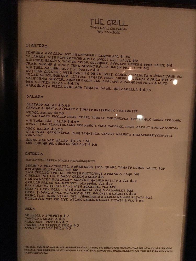 Menu at The Grill At Antlers Inn restaurant, Twin Peaks, CA-189