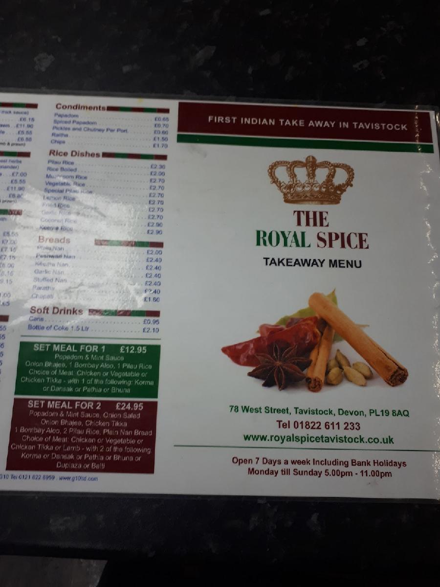 The Royal Spice in Tavistock - Restaurant menu and reviews