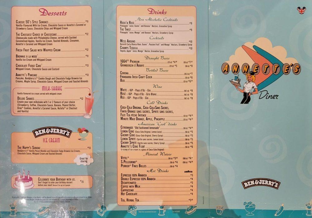 Menu at Annette's Diner restaurant, Chessy