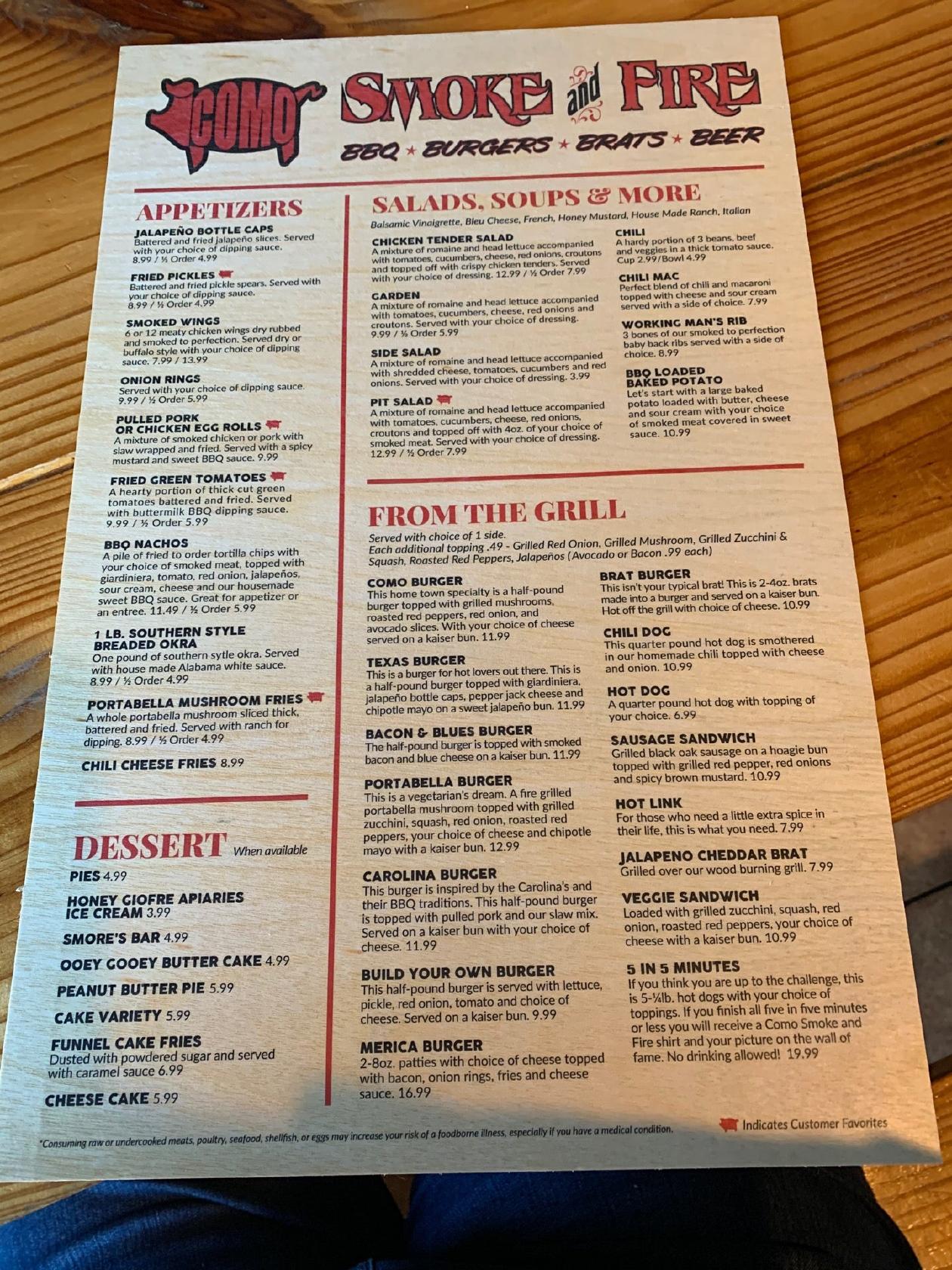 Menu at Como Smoke and Fire BBQ, Columbia