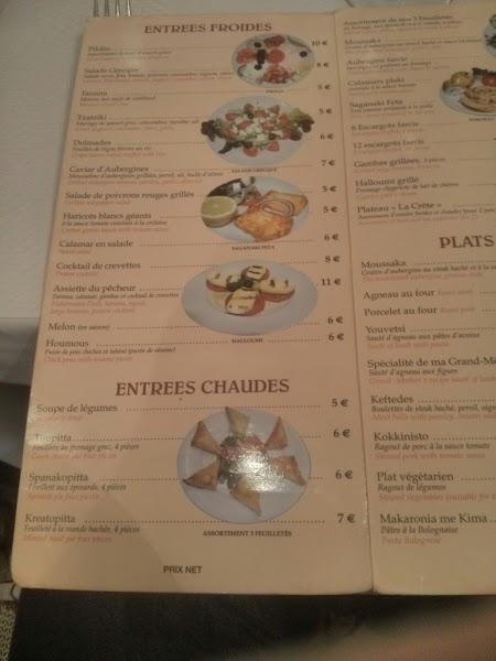 Menu au La Crète restaurant, Paris, 85 Rue Mouffetard