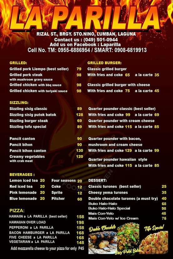 Menu at La Parilla restaurant, Lumban