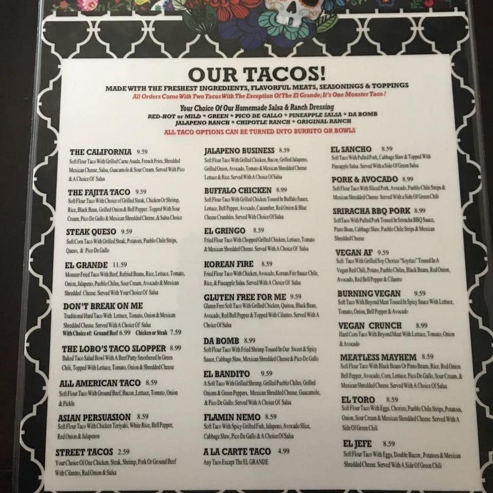 Menu at Lobo's Tacos & Tequila pub & bar, Pueblo