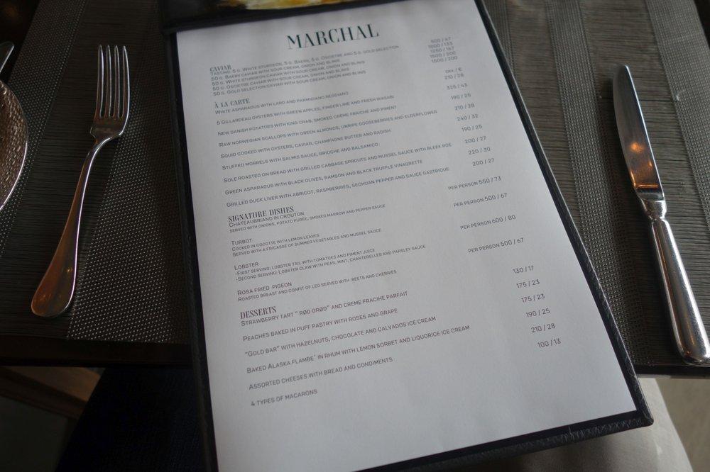 Menu at Marchal restaurant, Copenhagen