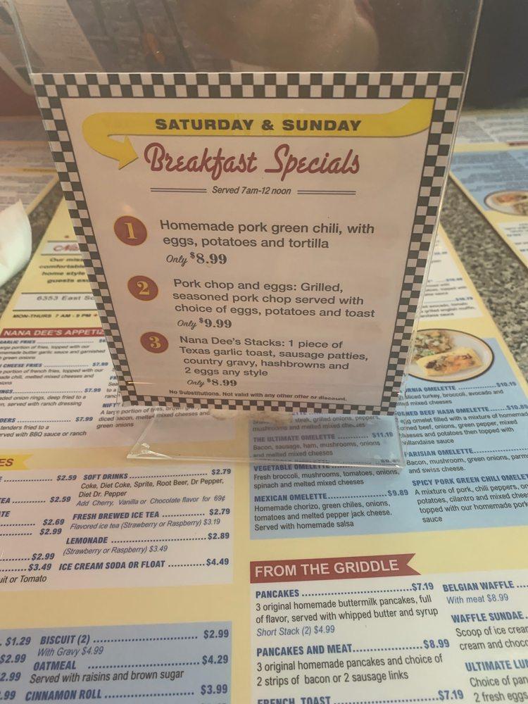 Menu at Nana Dee's Diner restaurant, Mesa