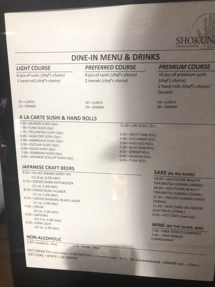 Menu at SHOKUNIN restaurant, Rancho Cucamonga