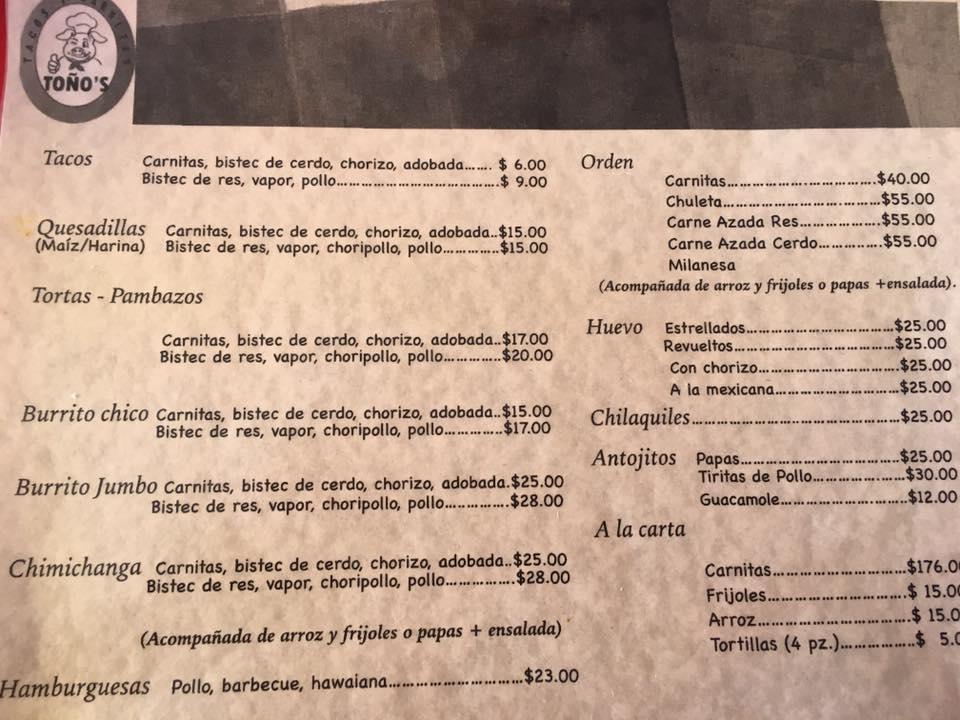 Menu at Toños restaurant, Manuel Doblado