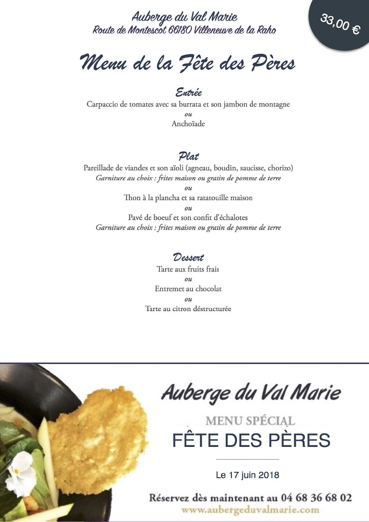 Menu au Auberge du Val Marie restaurant, Villeneuve-de-la-Raho
