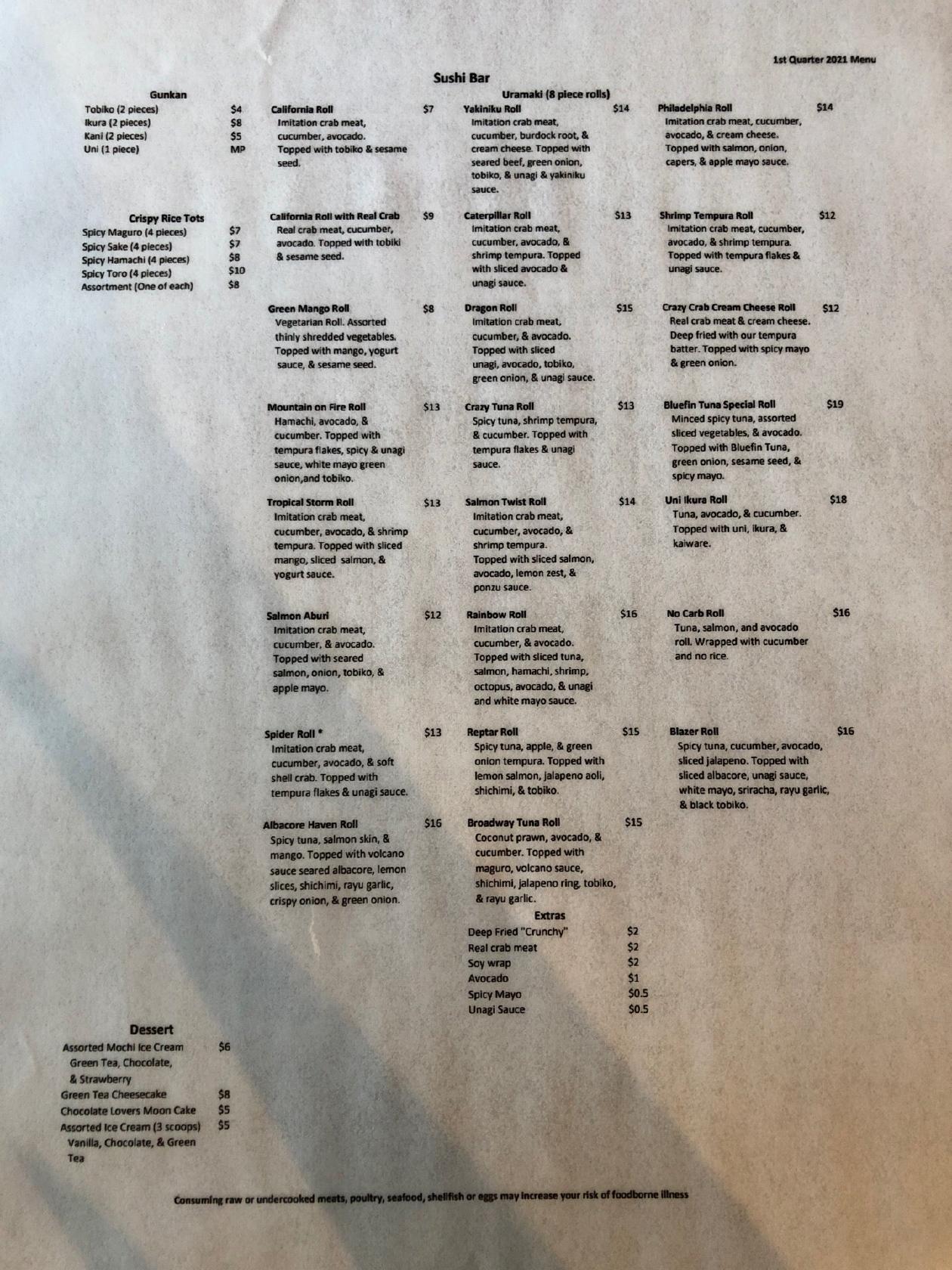Carta del restaurante Bluefin Tuna & Sushi, Portland