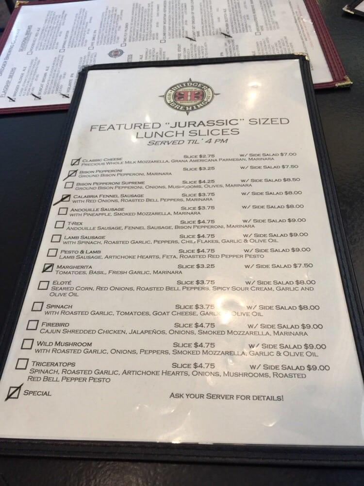 Menu at Bridger Brewing pizzeria, Bozeman