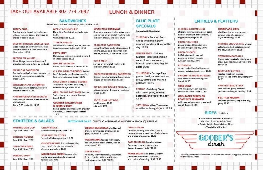 Menu at Goobers Diner restaurant, Wilmington