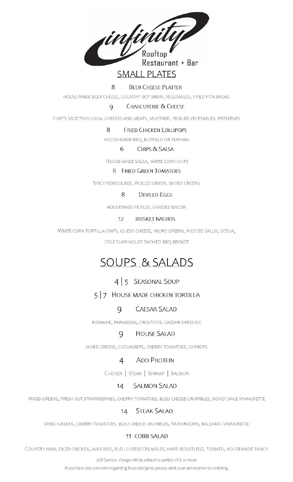 Menu at Infinity: Rooftop Restaurant + Bar, Lexington
