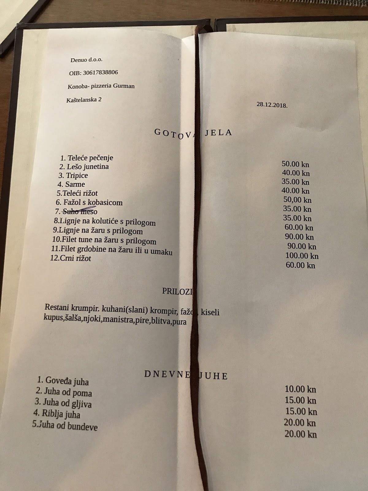 Menu at Konoba Gurman restaurant, Solin