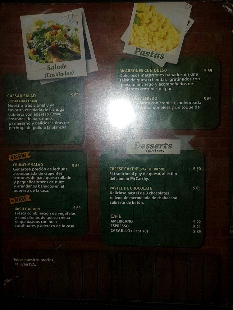 Carta de McCarthy's Irish Pub, Heroica Puebla de Zaragoza, Avenida ...