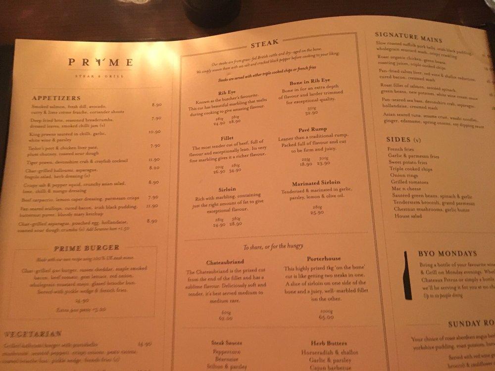 Menu at Prime Steak and Grill steakhouse, St Albans, 83-85 London Rd