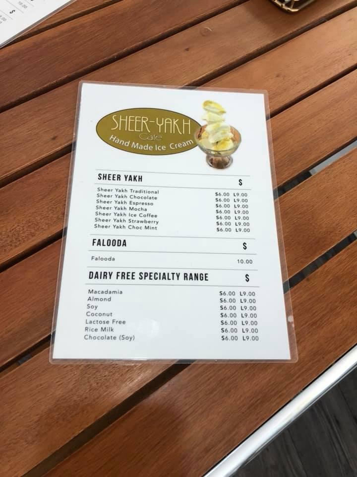 Menu at Sheer Yakh cafe, Canberra