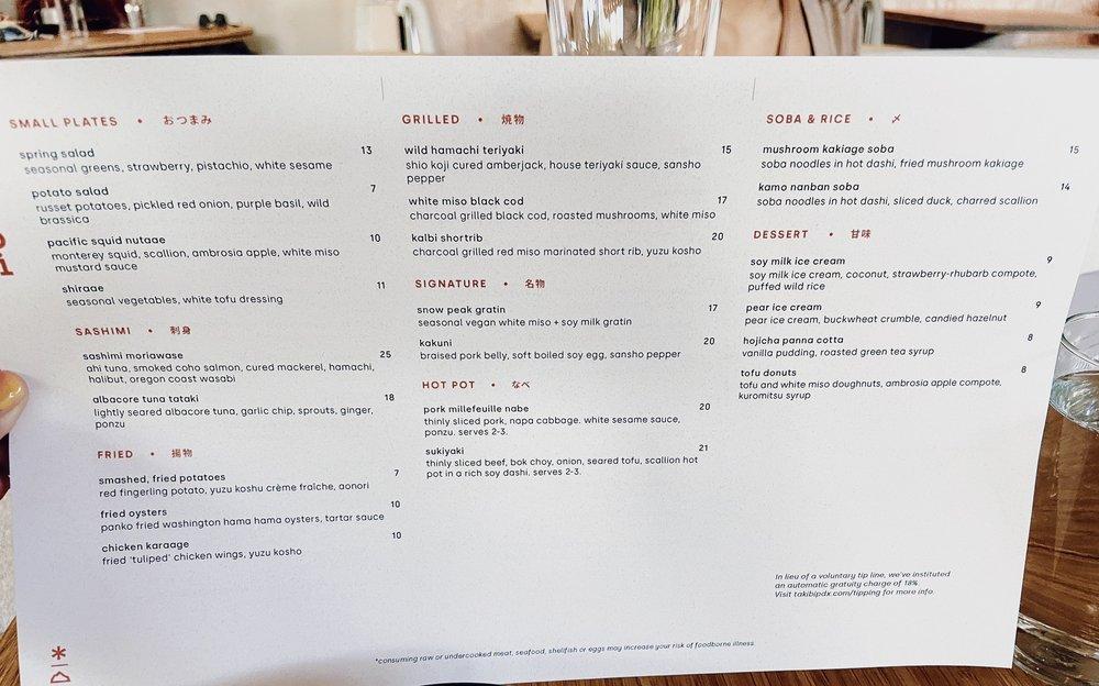 Menu at Takibi restaurant, Portland