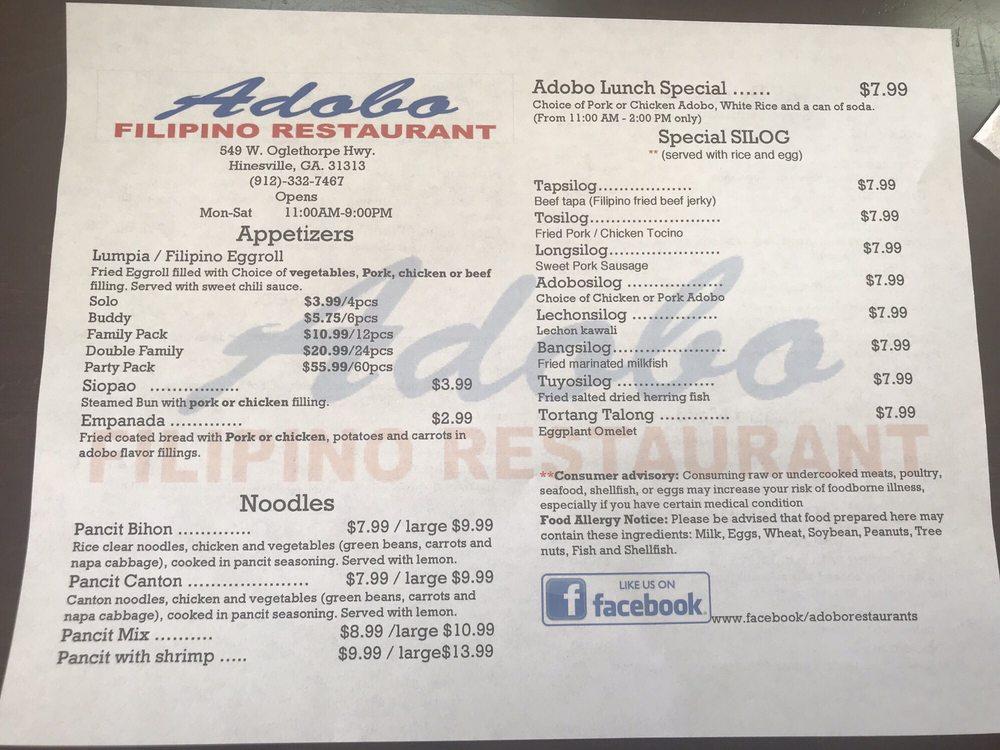 Menu at Adobo Filipino Restaurant, Hinesville
