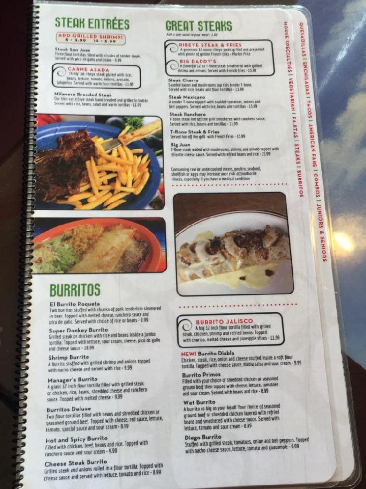 Menu at Los Primos Mexican restaurant, Hidden Valley