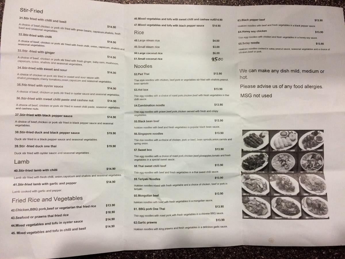 Menu at One Thai Cuisine & Noodle Bar, Kirwan, 85 Burnda St