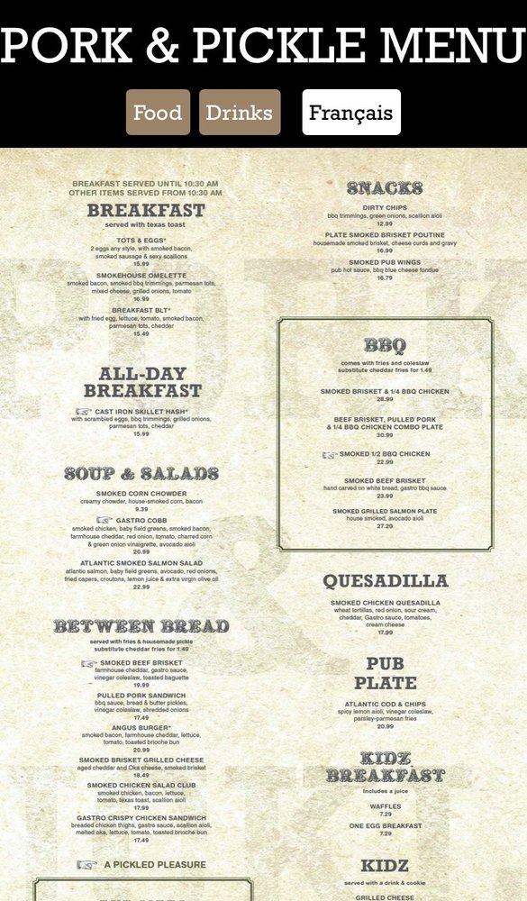 Menu at Pork & Pickle pub & bar, Dorval, 975 Romeo-Vachon Blvd N