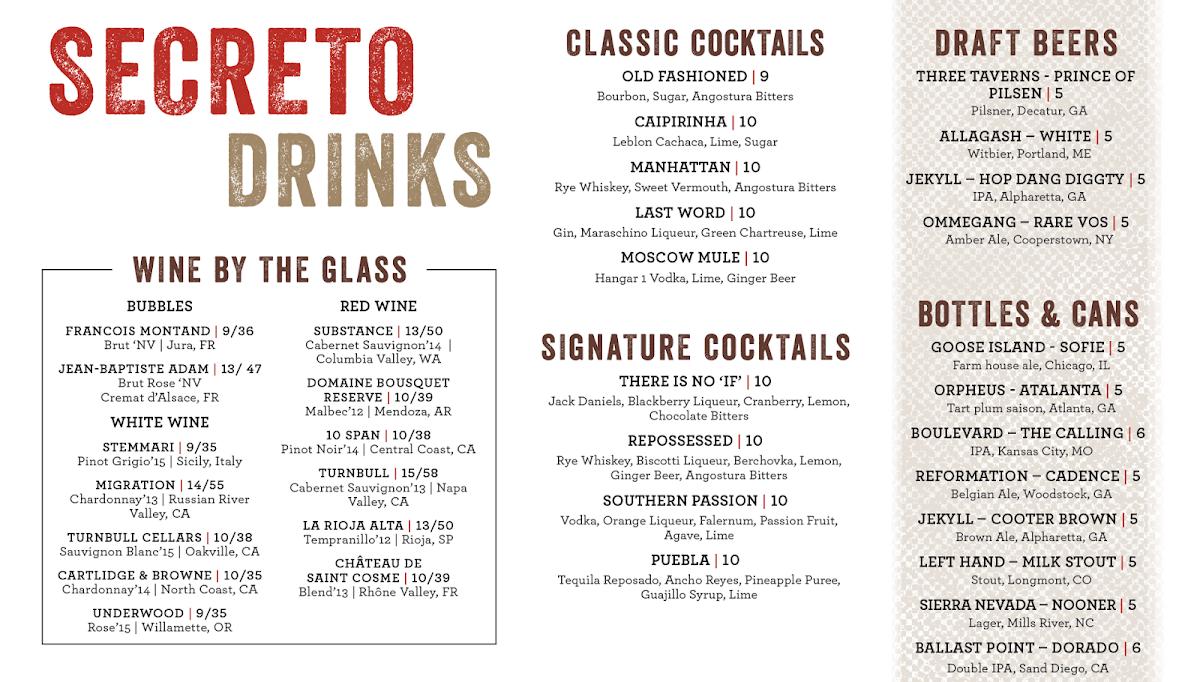 Menu at Secreto Southern Kitchen pub & bar, Alpharetta