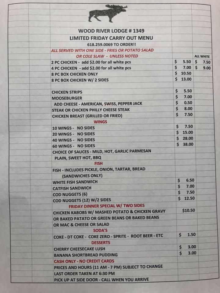Menu at Wood River Moose Lodge #1349 pub & bar, Wood River