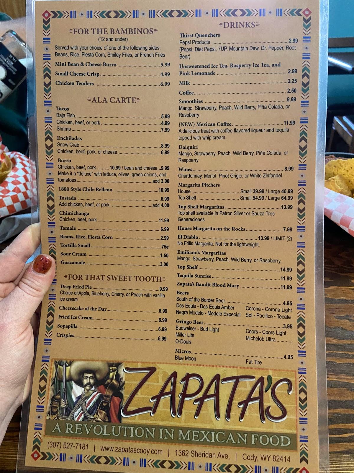 Menu at Zapata's restaurant, Cody, Sheridan Ave