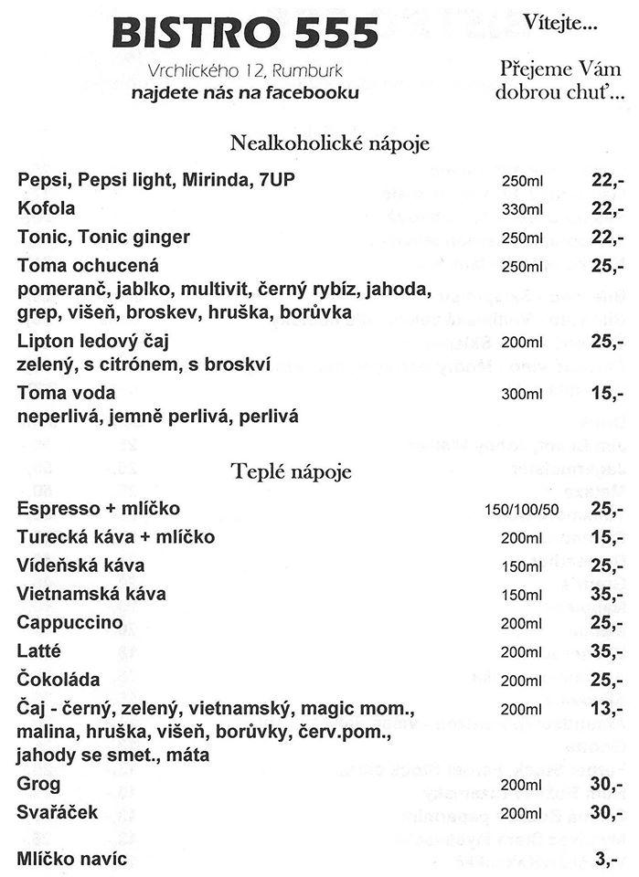 Menu at Bistro 555 restaurant, Rumburk