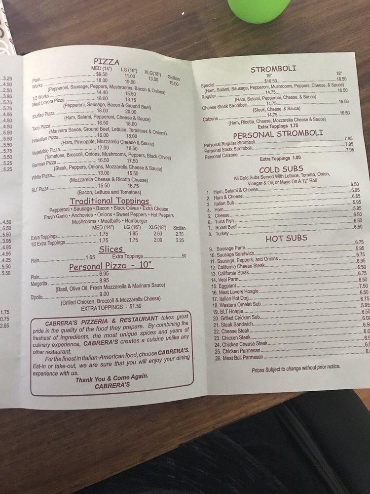 Menu at Cabreras pizzeria, Lansford