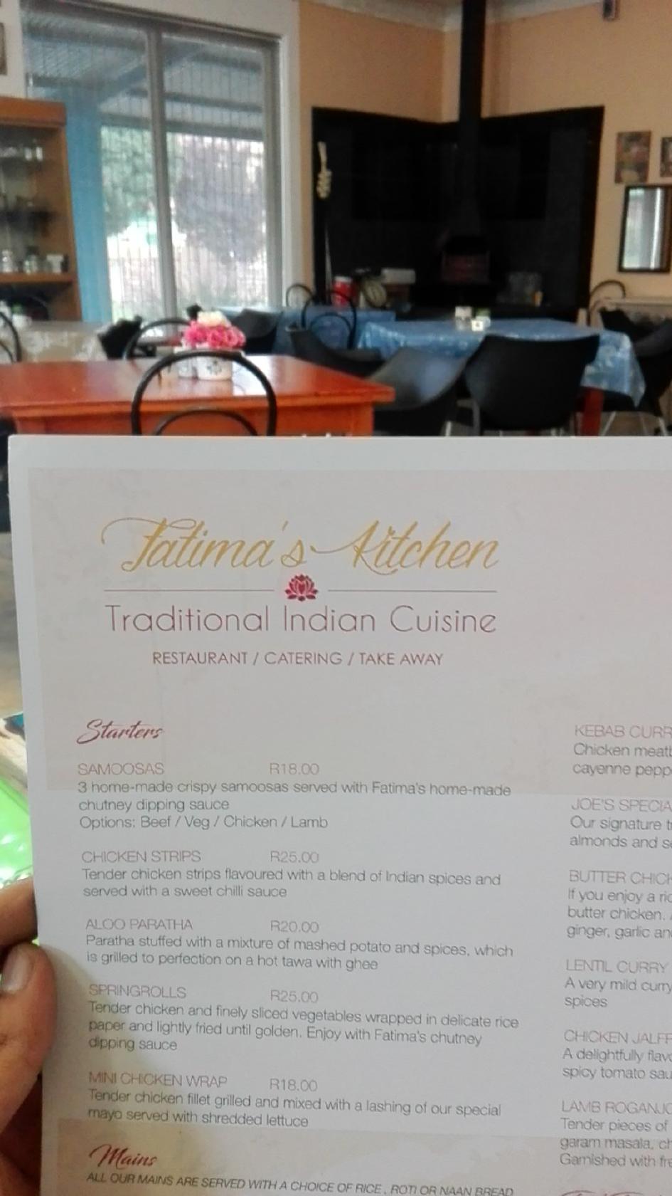 Menu at Fatima's Kitchen restaurant, Dullstroom
