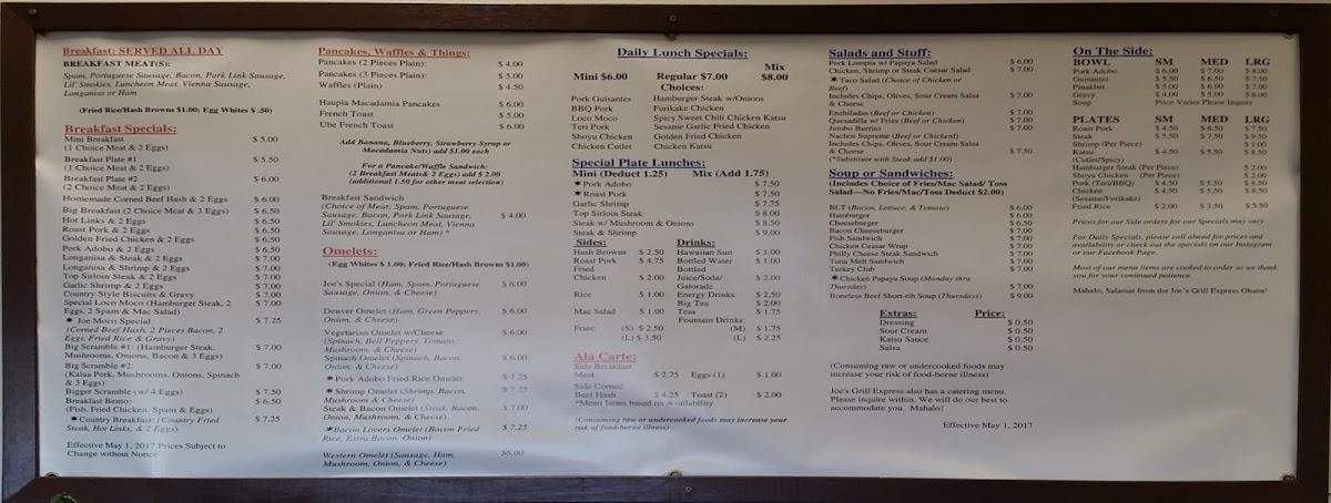 Menu at Joe's Grill Express restaurant, Honolulu, N Nimitz Hwy #109