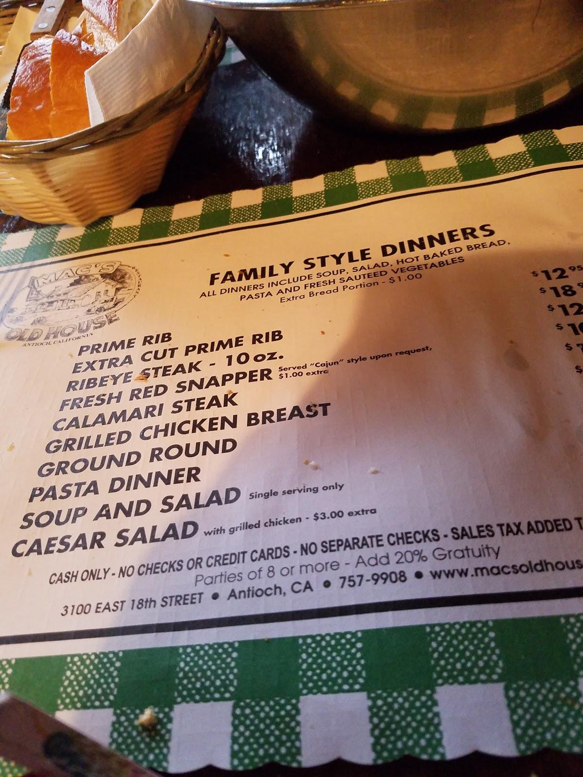 Menu at Mac's Old House steakhouse, Antioch