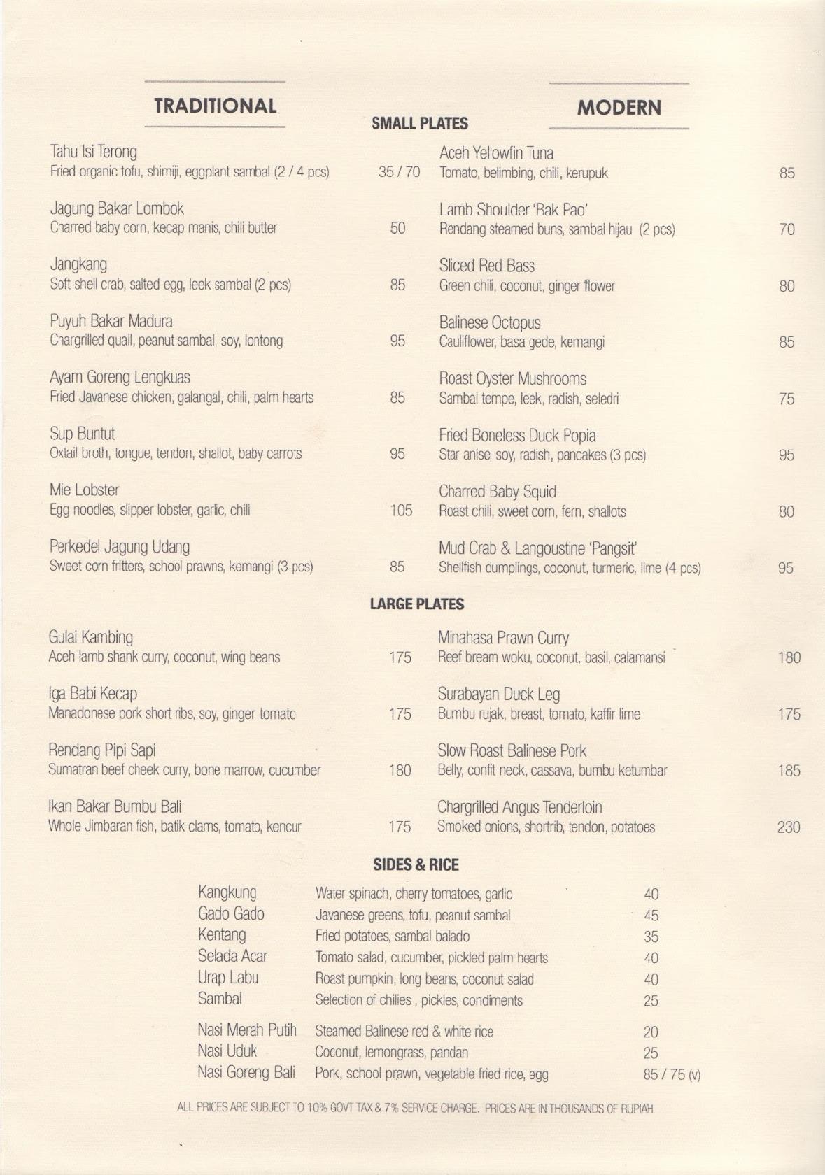 Menu at Merah Putih restaurant, Denpasar