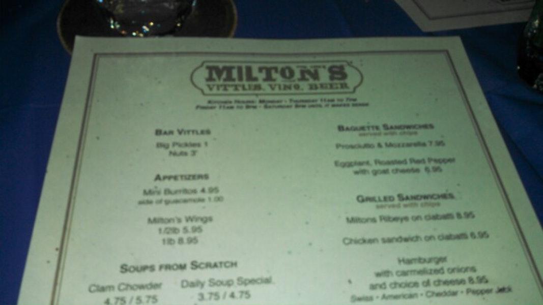 Menu at Milton's pub & bar, Crystal
