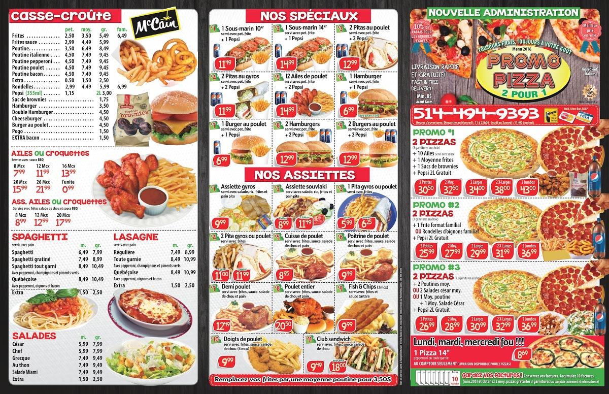 Menu au Pizza Promo restaurant, Montréal, 4e Rue
