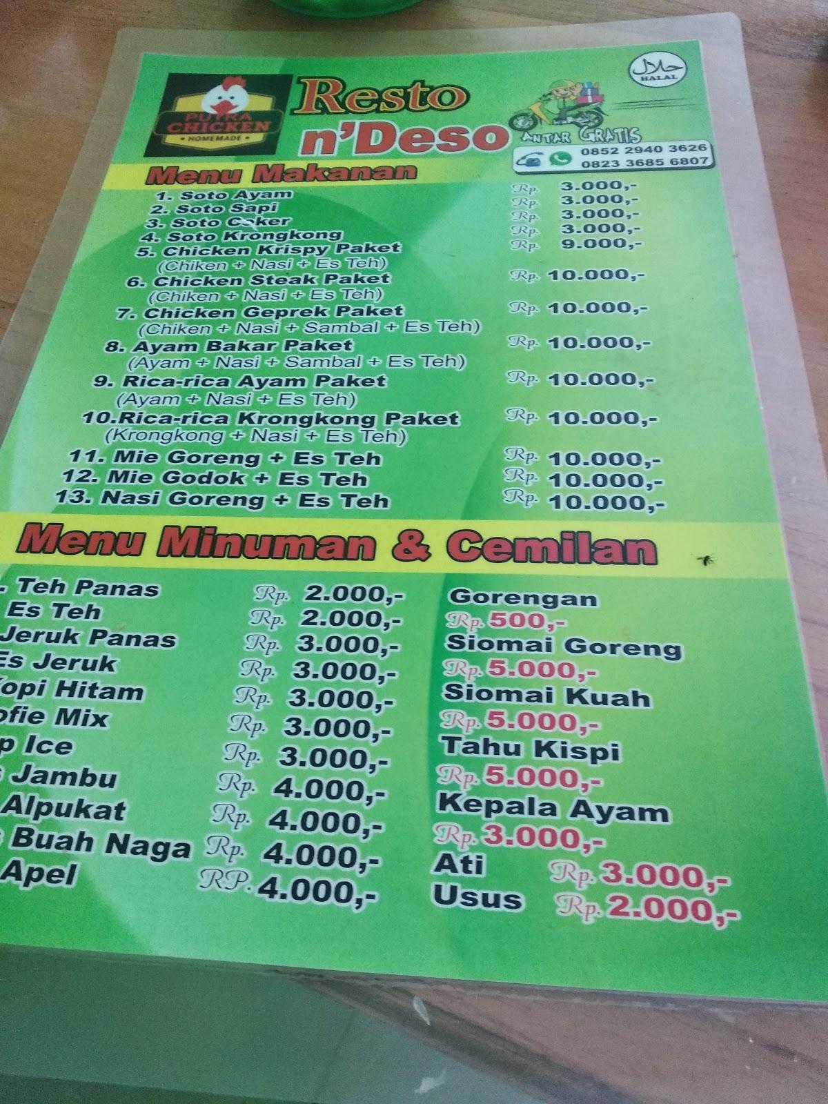 Menu at Resto n'Deso restaurant, Karangmalang