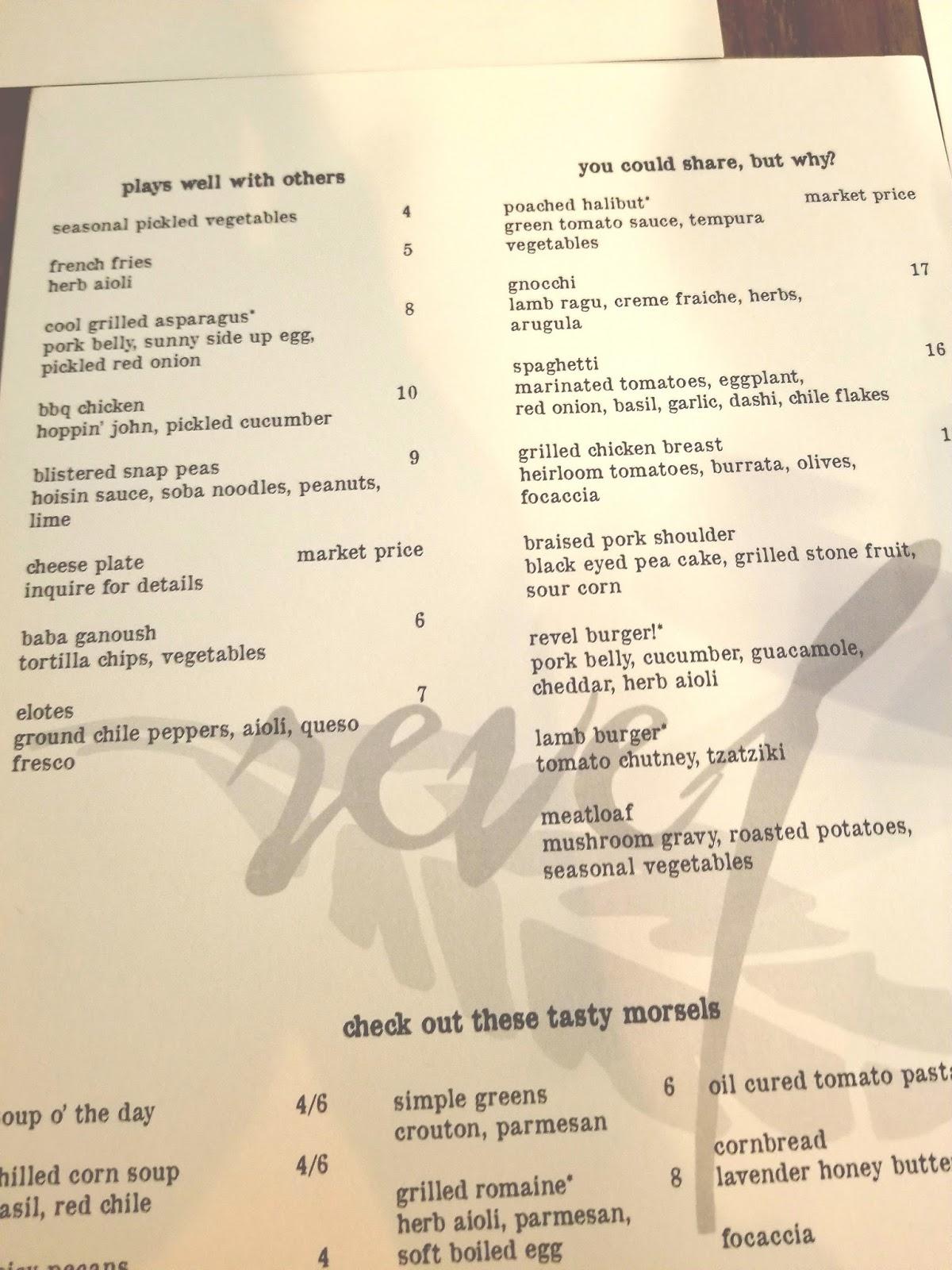Menu at Revel restaurant, Silver City