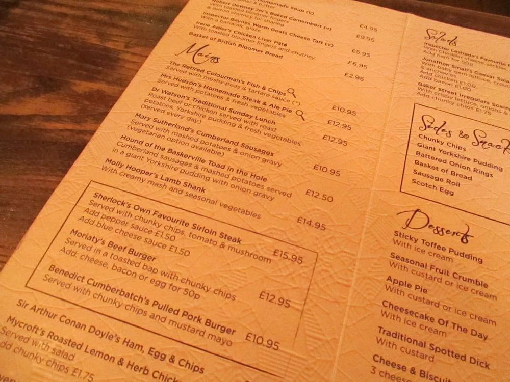 Menu at Sherlock Holmes pub & bar, London