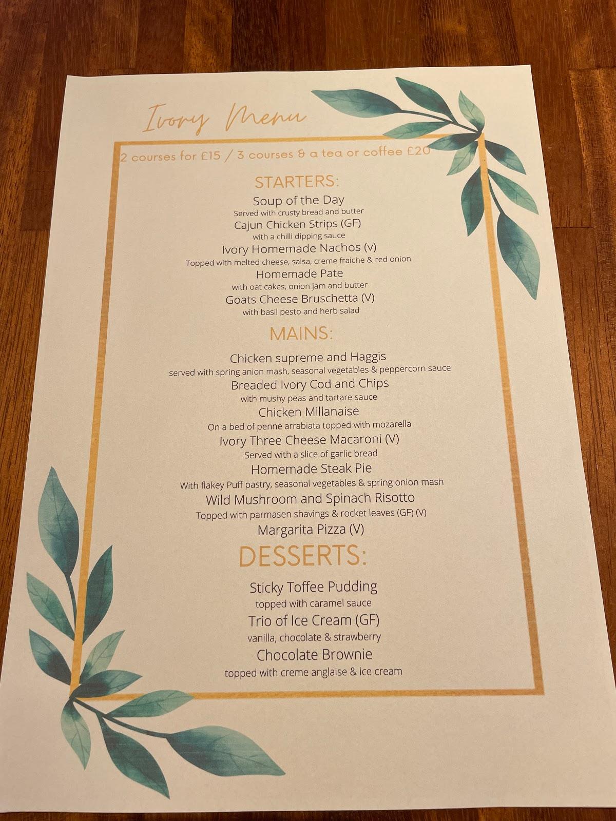 Menu at The Ivory Hotel pub & bar, Glasgow