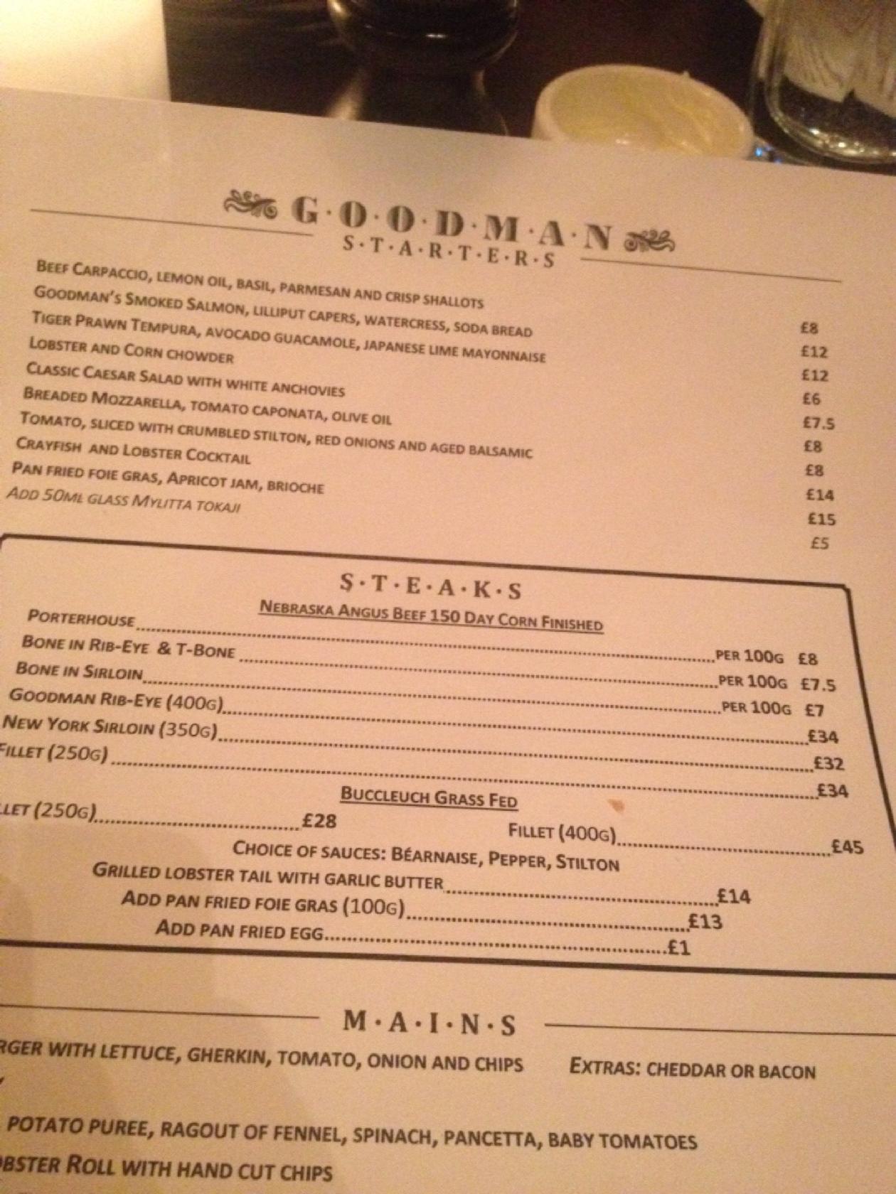 Menu at Goodman steakhouse, London, 3 S Quay Square