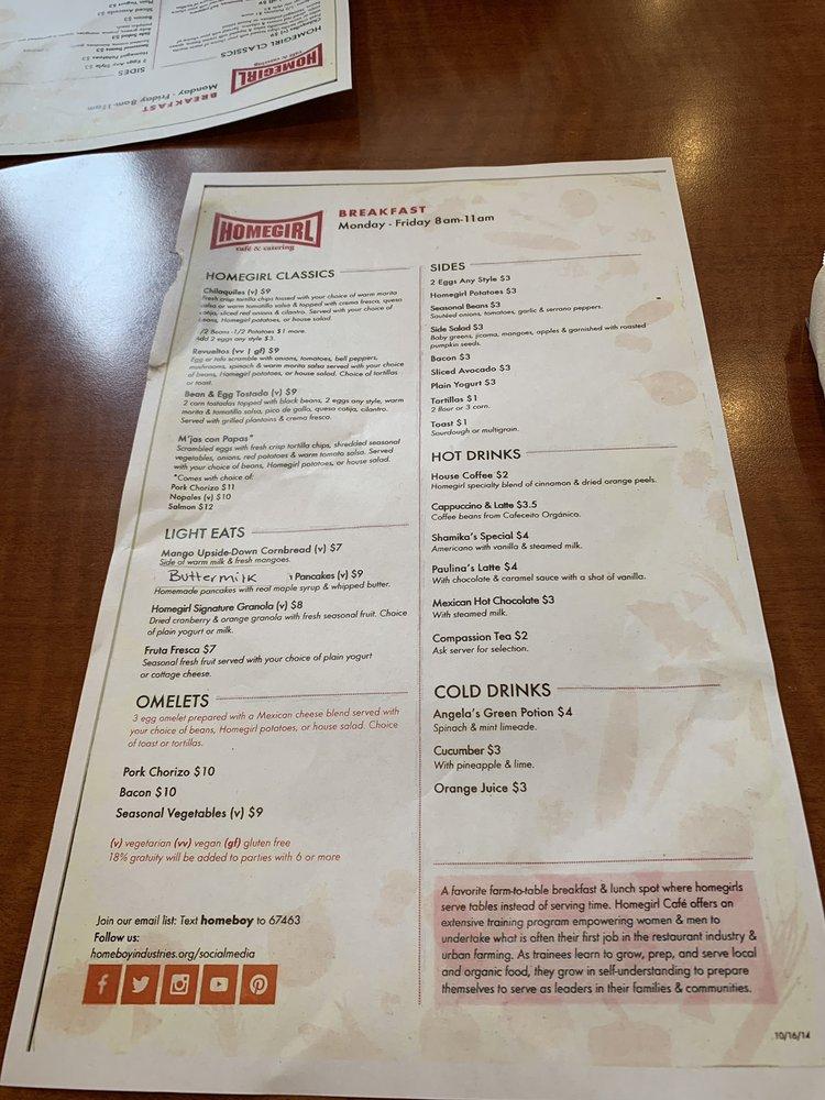 Menu at Homegirl Café cafe, Los Angeles, 130 Bruno St