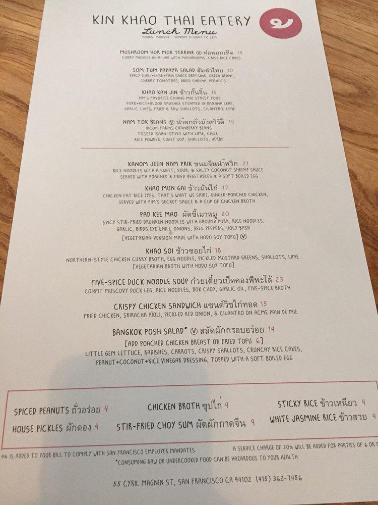 Menu at Kin Khao restaurant, San Francisco