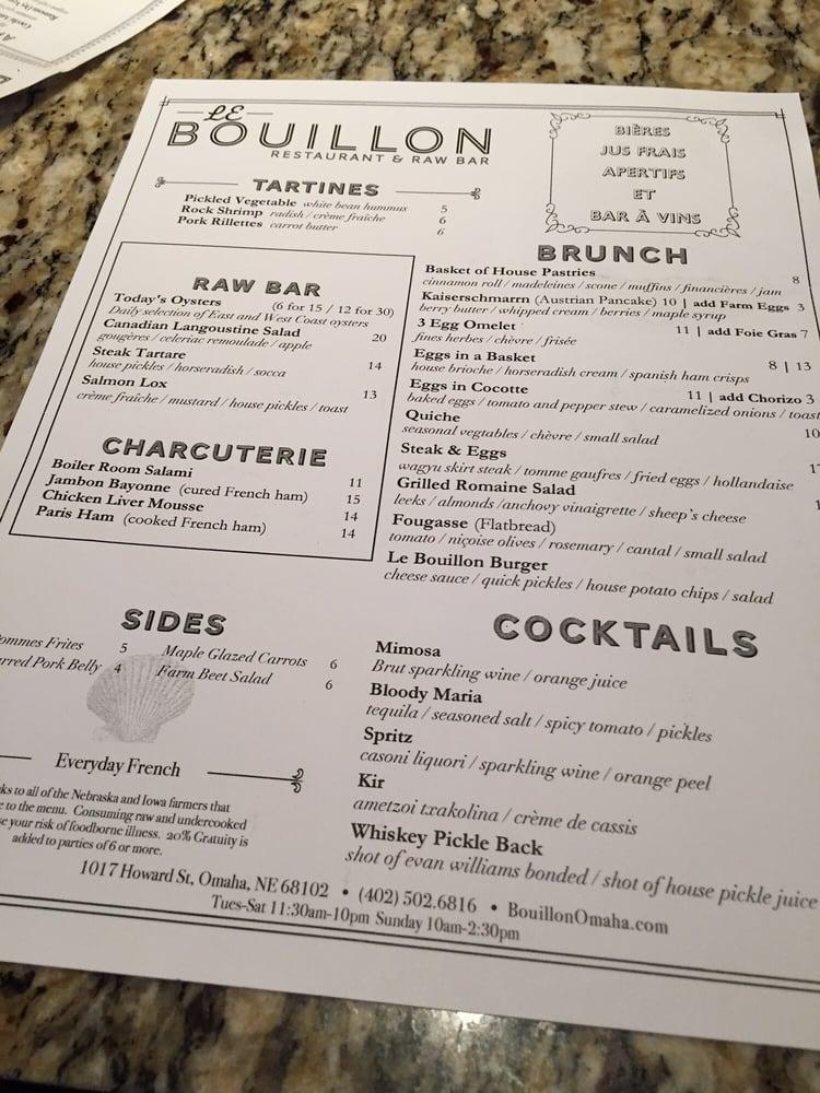 Menu at Le Bouillon restaurant, Omaha, Howard St